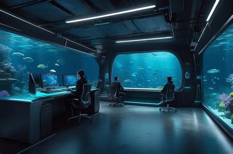 Premium Ai Image Aquatic Workshop Symbiosis Of Bioluminescent Machinery And Oceanic Currents