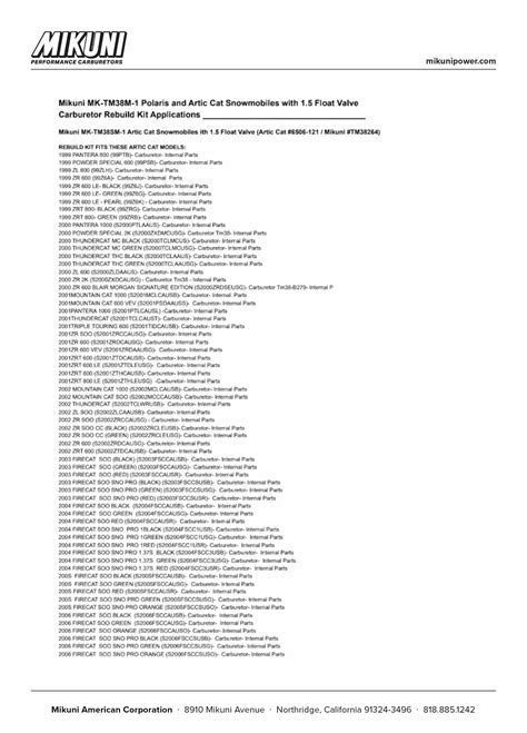 Mikuni Carburetor Rebuild Kit For Arctic Cat And Polaris Snowmobiles With Mikuni Tm38 Carburetors