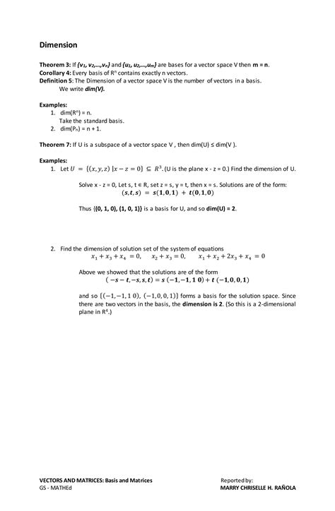 Vectors And Matrices Basis And Dimension Docx