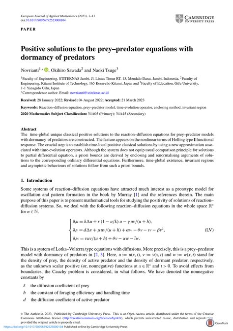 Pdf Positive Solutions To The Preypredator Equations With Dormancy Of Predators