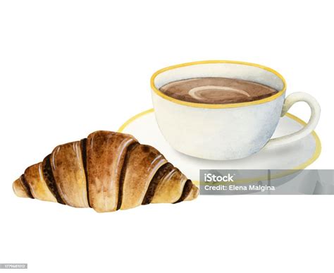 초콜릿 프랑스 크로와상 수채화 그림과 화이트 커피 컵 커피 브레이크 아침 식사 메뉴 초대장에 대 한 흰색 배경에 고립 수채화에