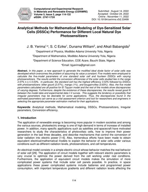 Pdf Analytical Methods For Mathematical Modeling Of Dye Sensitized
