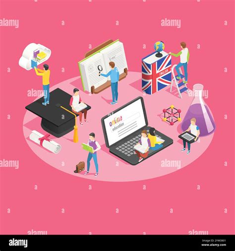 Isometric Vector Illustration Shows Students Engaging With Online