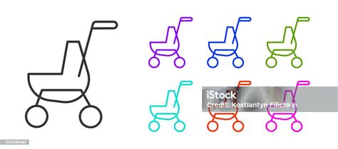 흰색 배경에 격리 된 블랙 라인 유모차 아이콘 유모차 버기 유모차 유모차 바퀴 다채로운 아이콘을 설정합니다 벡터 0명에 대한
