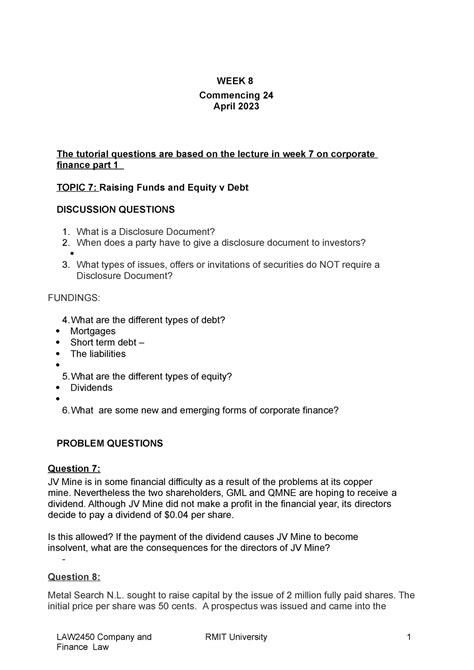 tutorial questions week 7 raising funds and debt v equity part 1 week