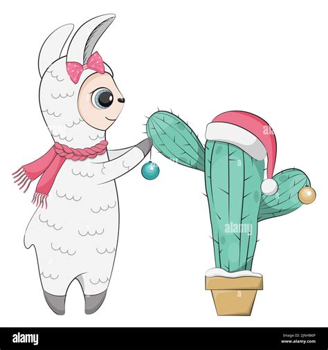 Cute Christmas Lama Decorate Cactus Stock Vector Image Art Alamy