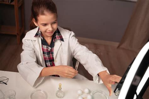 Interesting Experiment Preteen Smart Girl Recording A Vlog And Showing How To Mix Chemicals