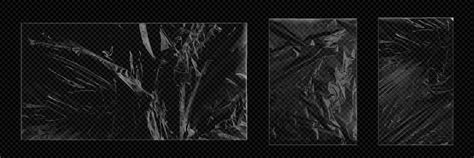 투명한 배경에 격리된 주름진 플라스틱 랩 조각 세트 구겨진 표면 오버레이 효과를 사용하여 광택 있는 폴리에틸렌 백 스트레치 필름