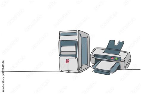 One Single Line Drawing Of Cpu Computer With Inkjet Printer For Small Home Office Electricity