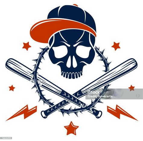 공격적인 두개골 야구 박쥐와 다른 무기와 디자인 요소 벡터 범죄 게토 빈티지 스타일 갱스터 무정부 또는 마피아 테마와 갱스터 엠블럼 또는 문신 가시에 대한 스톡 벡터 아트