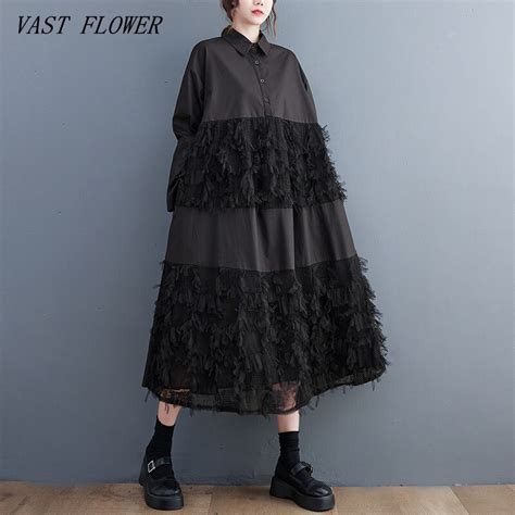 긴 소매 오버사이즈 블랙 코튼 메쉬 빈티지 드레스 여성용 캐주얼 느슨한 봄 가을 드레스 우아한 의류 2022 Aliexpress