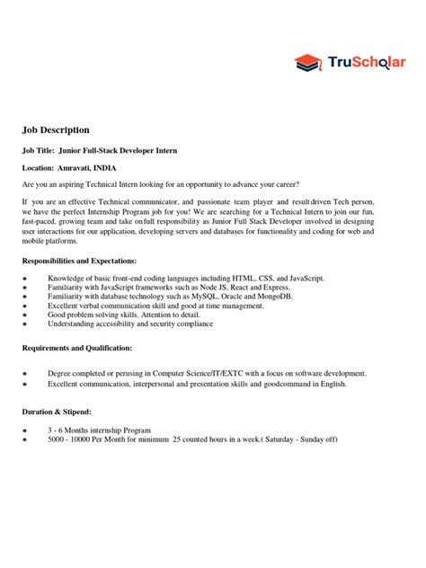 Technical Internship Jd For Truscholar Pdf Educational Technology