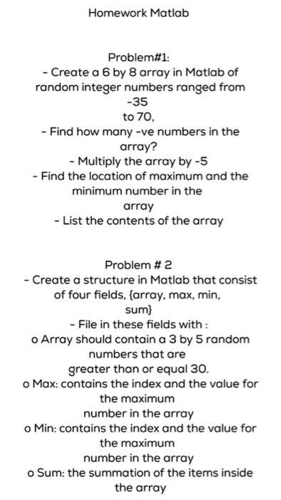 Solved Homework Matlab Problem1 Create A 6 By 8 Array In