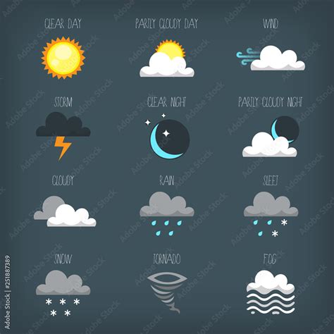 Set Of Vector Weather Forecast Icons And Signs Images With Different