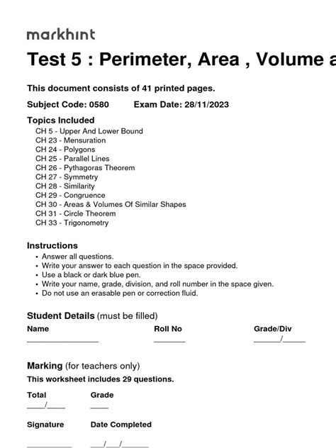 Test 5 Perimeter Area Volume And Pythagoras Pdf Area Elementary Geometry
