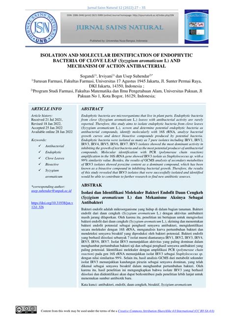 Pdf Isolation And Molecular Identification Of Endophytic Bacteria Of Clove Leaf Syzygium