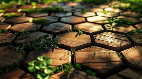 Wooden Floor On A Green Artificial Grass Pattern With Wooden Decoration