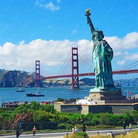 Premium Photo Iconic Fusion Statue Of Liberty With Golden Gate Bridge
