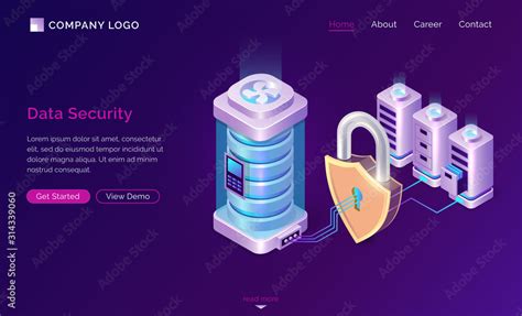 Cyber Data Security Isometric Landing Page Server Room Protected With Shield Padlock From Outer