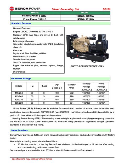 Diesel Generating Set Bp200 Standby Power 50hz 160kw 200kva Prime