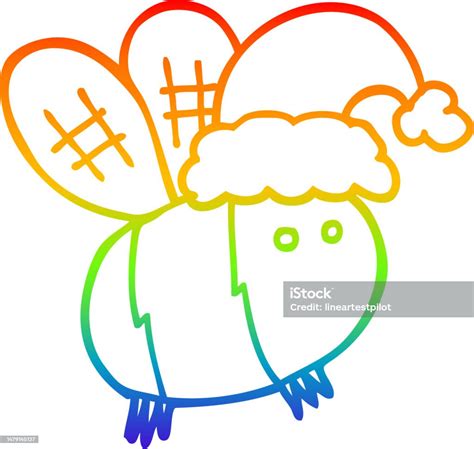 크리스마스 모자를 쓰고 귀여운 만화 꿀벌의 무지개 그라데이션 선 그리기 곤충에 대한 스톡 벡터 아트 및 기타 이미지 곤충