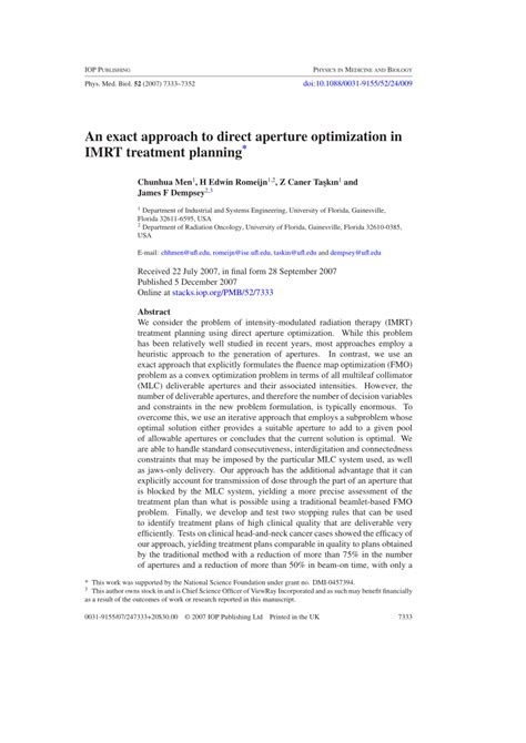 Pdf An Exact Approach To Direct Aperture Optimization In Imrt Treatment Planning