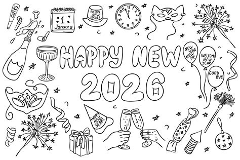 Happy New Year 2026 Coloring Page With Festive Elements Like Balloons