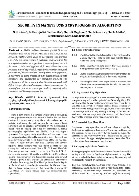 Pdf Security In Manets Using Cryptography Algorithms