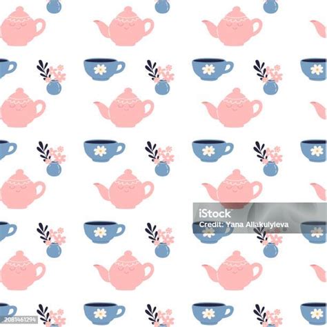 예쁜 주전자와 찻잔 원활한 패턴 벡터 일러스트 레이 션입니다 0명에 대한 스톡 벡터 아트 및 기타 이미지 0명 개체 그룹