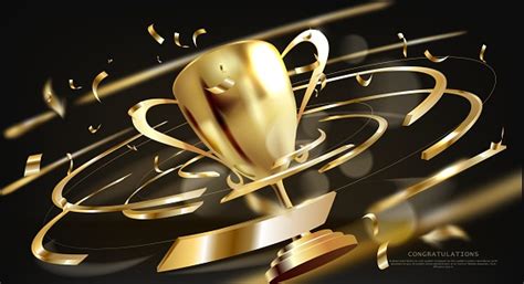 색종이 조각과 보케가 있는 리본 요소가 있는 검은색 배경에 3d 금 트로피 럭셔리 시상식 배경 벡터 일러스트 레이 션 1위에 대한 스톡 벡터 아트 및 기타 이미지 Istock