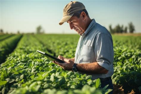 Farmer Inspecting Crops And Using Tech Generated AI Premium AI Generated Image