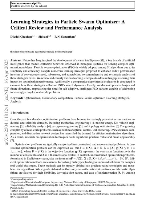 Pdf Learning Strategies In Particle Swarm Optimizer A Critical