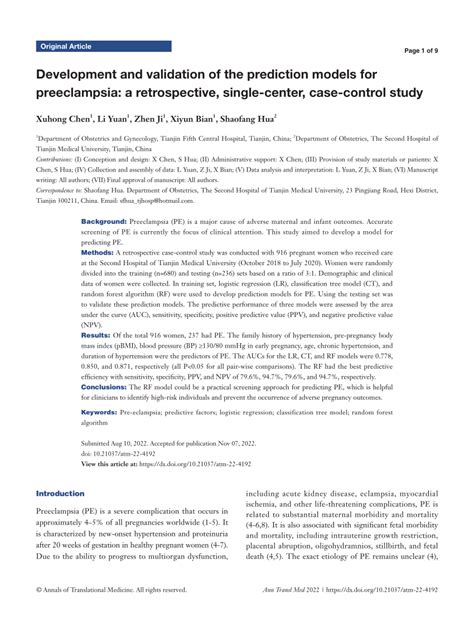Pdf Development And Validation Of The Prediction Models For Preeclampsia A Retrospective