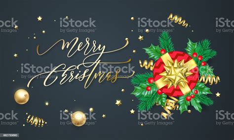 메리 크리스마스 황금 장식과 골드 글꼴 서 인사말 카드 디자인 새 해 휴일 블랙 프리미엄 반짝 별 색종이 배경에 대 한 트리 화 환 장식 크리스마스 선물 상자를 벡터 0명에