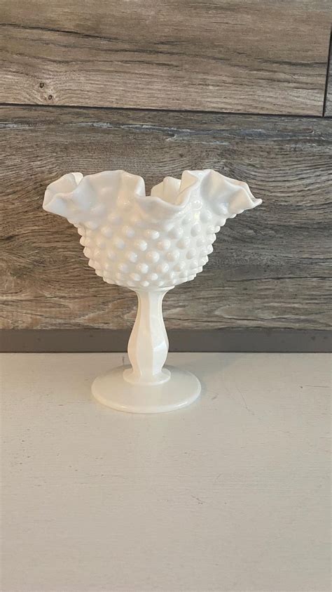 1960s Fenton Hobnail Milk Glass Ruffled Double Crimped Compote