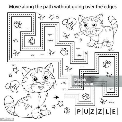 필기 연습 시트 간단한 교육 게임 또는 미로 색칠하기 개요 새끼 고양이와 만화 고양이 아이들을위한 색칠하기 책 0명에 대한 스톡