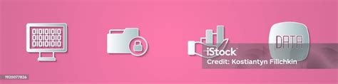 Set Paper Cut Binary Code Folder And Lock Pie Chart Infographic And