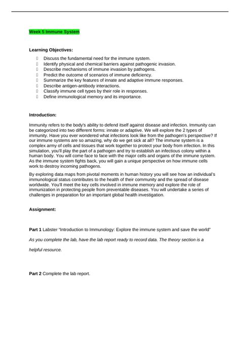 BIOS Week Virtual Lab Introduction To Immunology Part I Part II Stuvia US