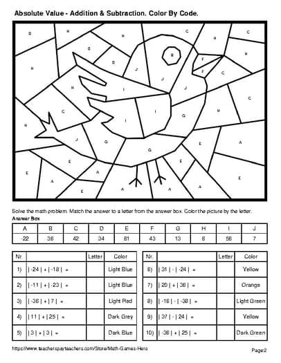 absolute value addition and subtraction spring color by code tpt