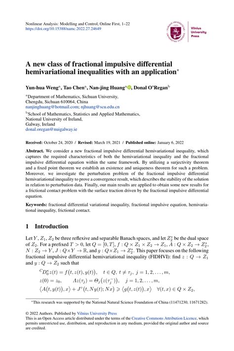 Pdf A New Class Of Fractional Impulsive Differential Hemivariational Inequalities With An