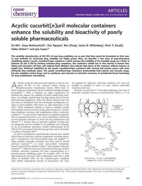 Pdf Acyclic Cucurbit N Uril Molecular Containers Enhance The Solubility And Bioactivity Of