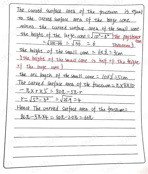 Solved A Frustum Is Made By Removing A Small Cone From Beginarrayr Curved Surface Area π R