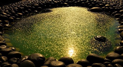 Shallow Pond Surrounded By Smooth Black Pebbles Illuminated By Dappled