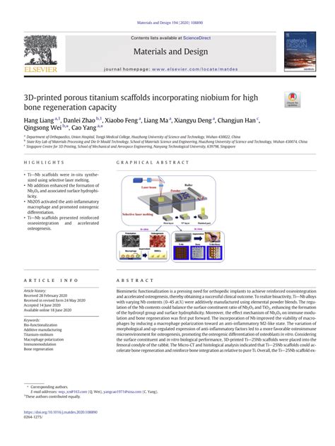 Pdf 3d Printed Porous Titanium Scaffold Incorporating Niobium For High Bone Regeneration Capacity
