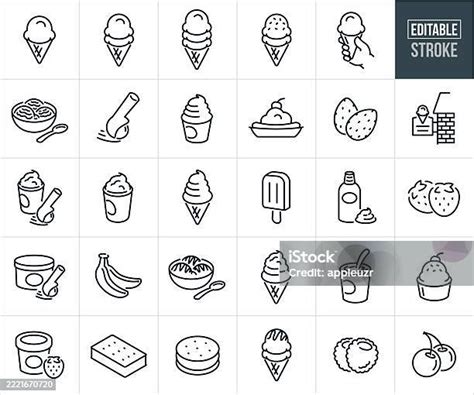 아이스크림 얇은 선 아이콘 편집 가능한 스트로크 아이콘에는 냉동 디저트 아이스크림 콘 아이스크림 토핑 과일 아이스크림 가게 냉동 요구르트 바나나 분할 소프트 서브 아이스크림