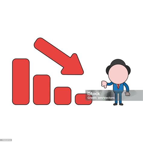 영업 막대 그래프가 아래로 이동하고 엄지 손가락을 주는 사업가 캐릭터의 벡터 그림 색상 및 검은색 윤곽선 가격에 대한 스톡 벡터 아트 및 기타 이미지 Istock