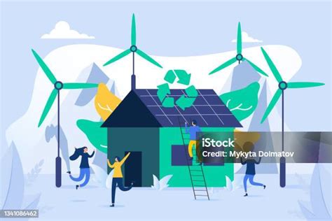 녹색 에너지 환경 친화적 인 전통적인 집 태양 전지 패널과 풍차의 에너지 자연을 저장하는 개념 집에 대한 스톡 벡터 아트 및 기타 이미지 Istock