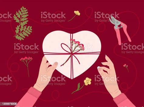 발렌타인 데이 컨셉 흰색 여성의 손은 크래프트 종이에 싸여 선물 상자를 개최 로맨틱한 친환경 포장 하트 가위를 갖춘 탑 뷰 테이블 손으로 그린 벡터 일러스트레이션 2월에