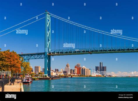 Detroit Michigan Usa With The Ambassador Bridge Which Spans To