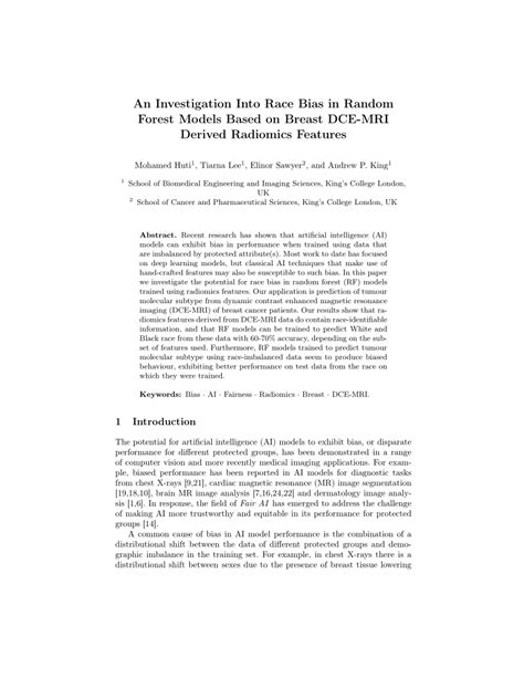 Pdf An Investigation Into Race Bias In Random Forest Models Based On Breast Dce Mri Derived